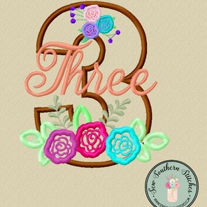 Floral Number 3 (three) Applique Design ~ Girly Boho Chick Birthday ...