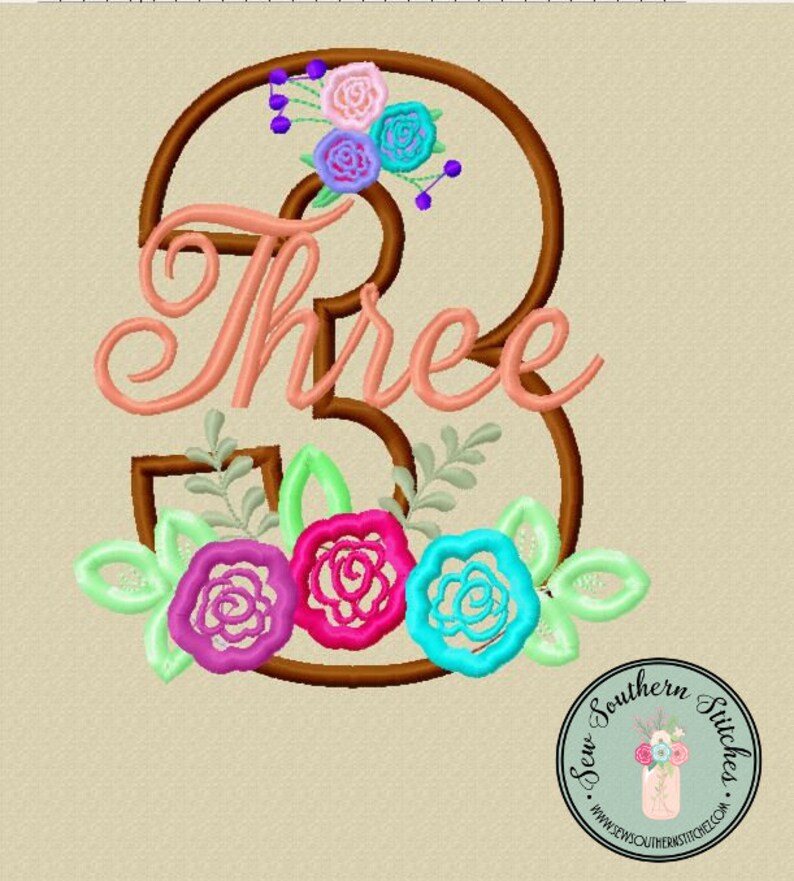 Floral Number 3 (three) Applique Design ~ Girly Boho Chick Birthday ...