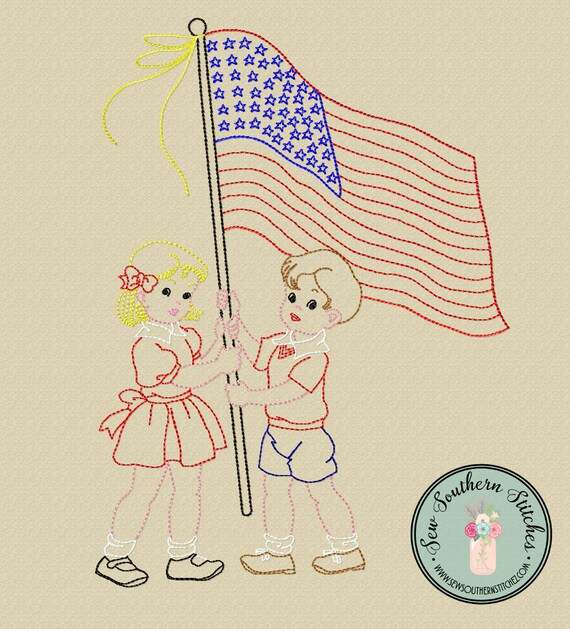 Sketched Girl and Boy Raising the Flag Vintage Stitched | Etsy