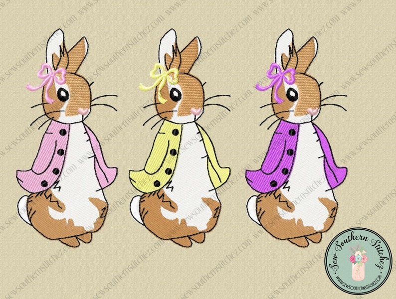 Miss Rabbit Trio Embroidery Design Bunnies in a Row or | Etsy