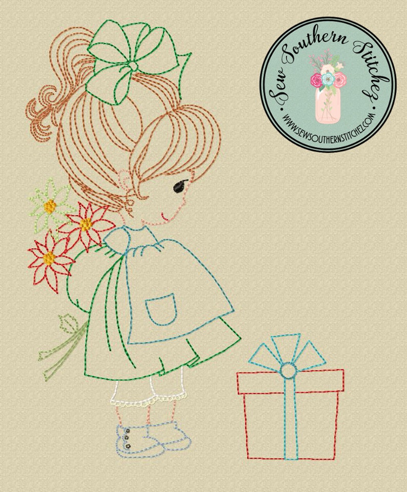 Vintage Sketch Girl Embroidery Design ~ Girl With Gift and Flowers ...