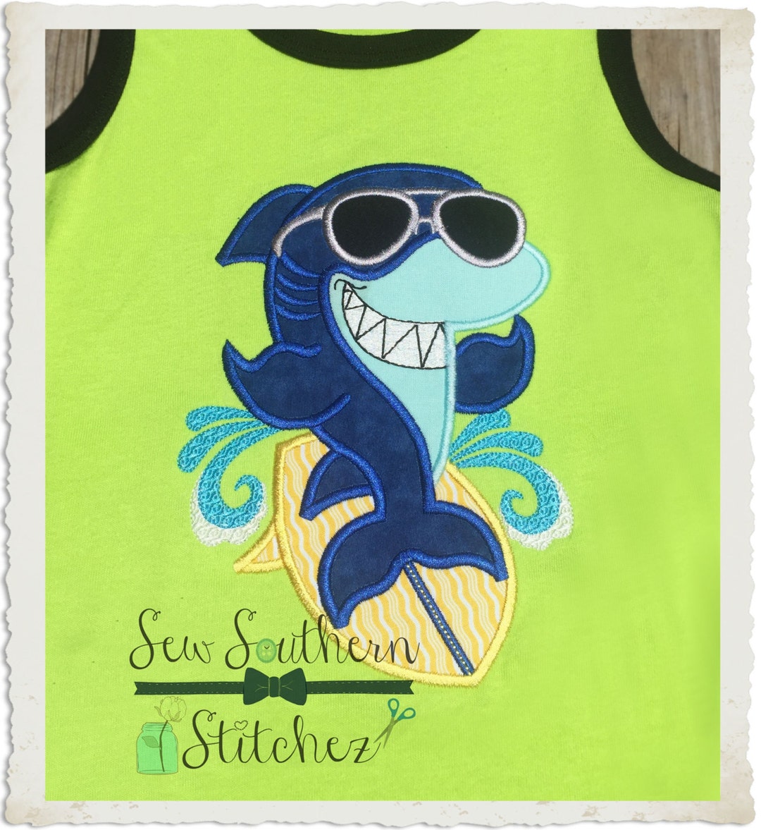 Shark on Surfboard Applique Design - Beach Time Surfing Shark Applique ...