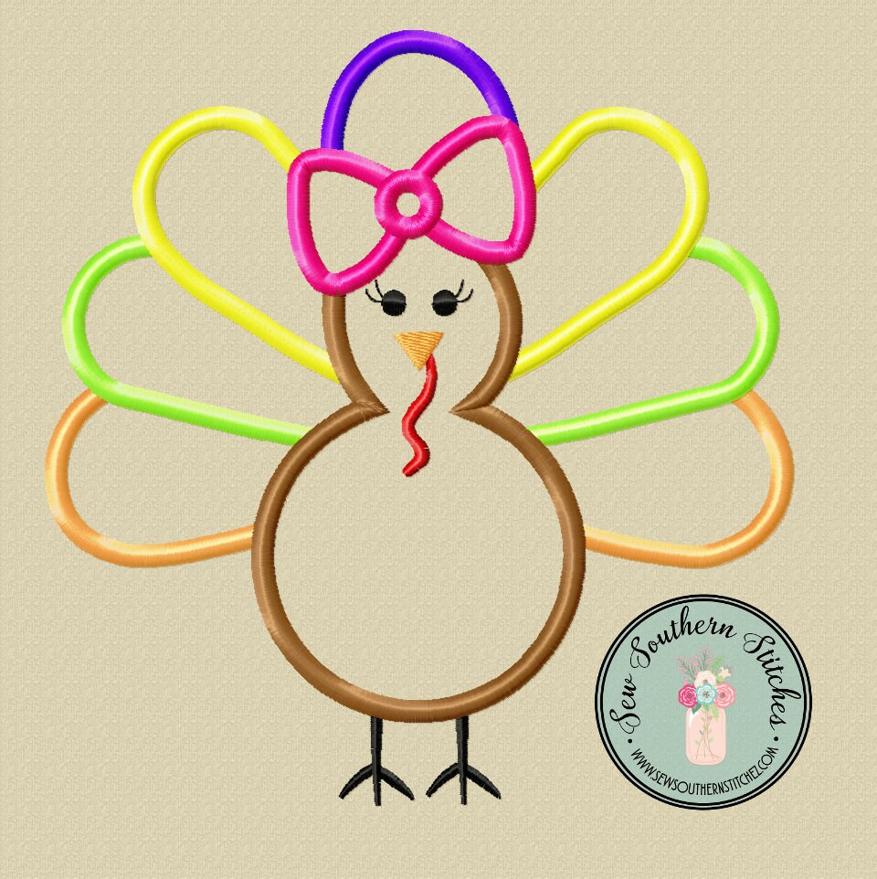 Girly Turkey Applique Design ~ Thanksgiving Turkey With Bow ~ Instant ...