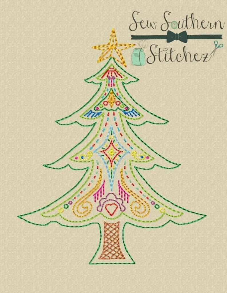 Sketch Stitched Christmas Tree Embroidery Design Vintage | Etsy