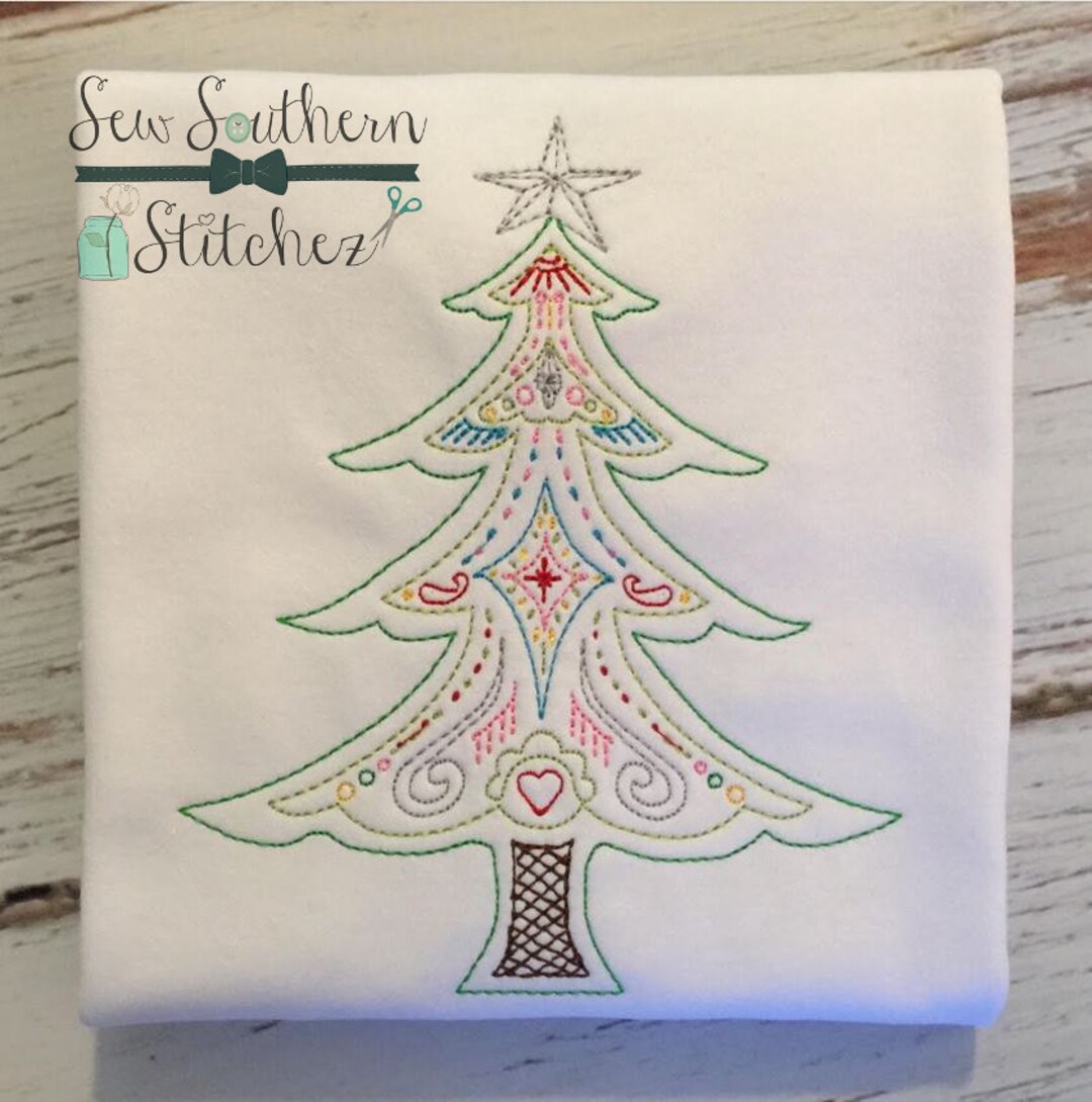 Sketch Stitched Christmas Tree Embroidery Design ~ Vintage Stitched ...