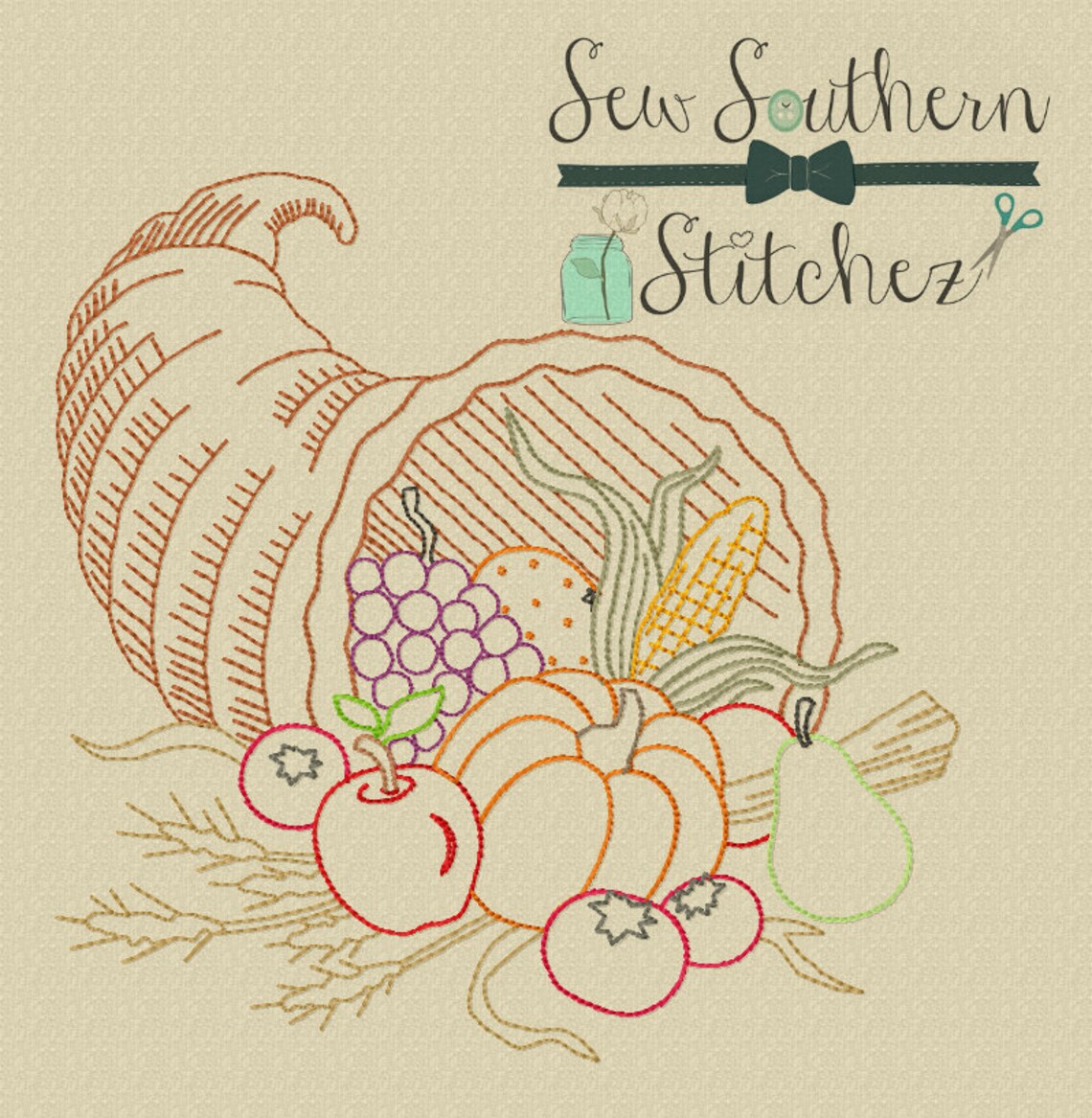 Cornucopia Sketch Design ~ Vintage Stitched ~ Heirloom Stitched ~ Bean ...