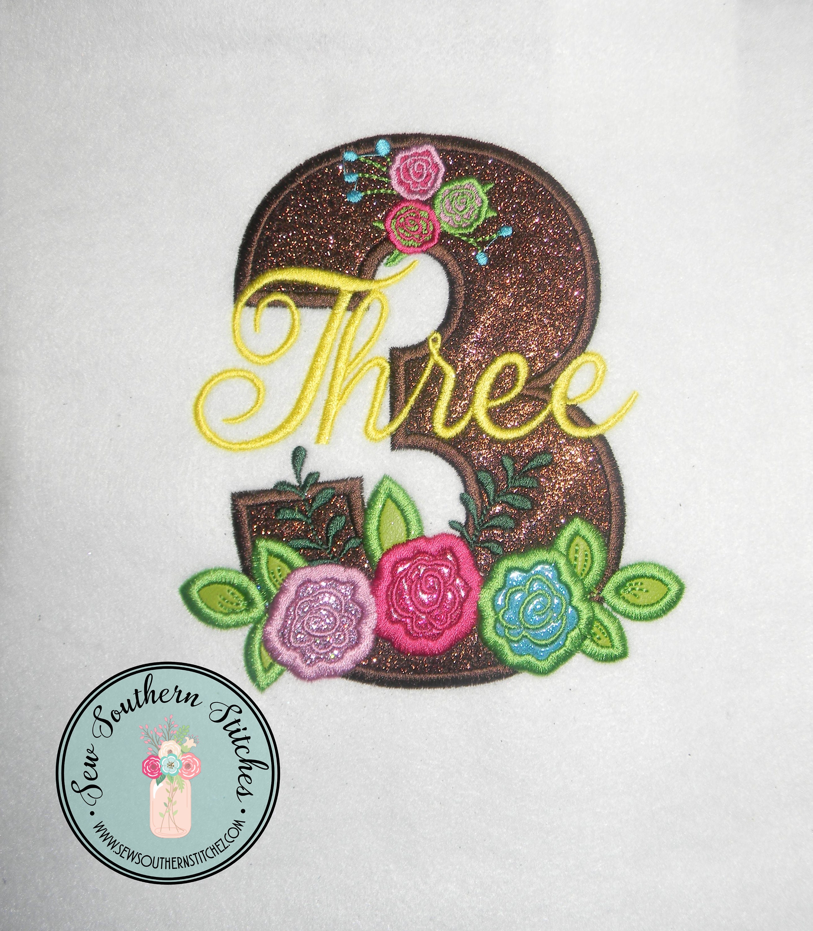 Floral Number 3 (three) Applique Design ~ Girly Boho Chick Birthday ...