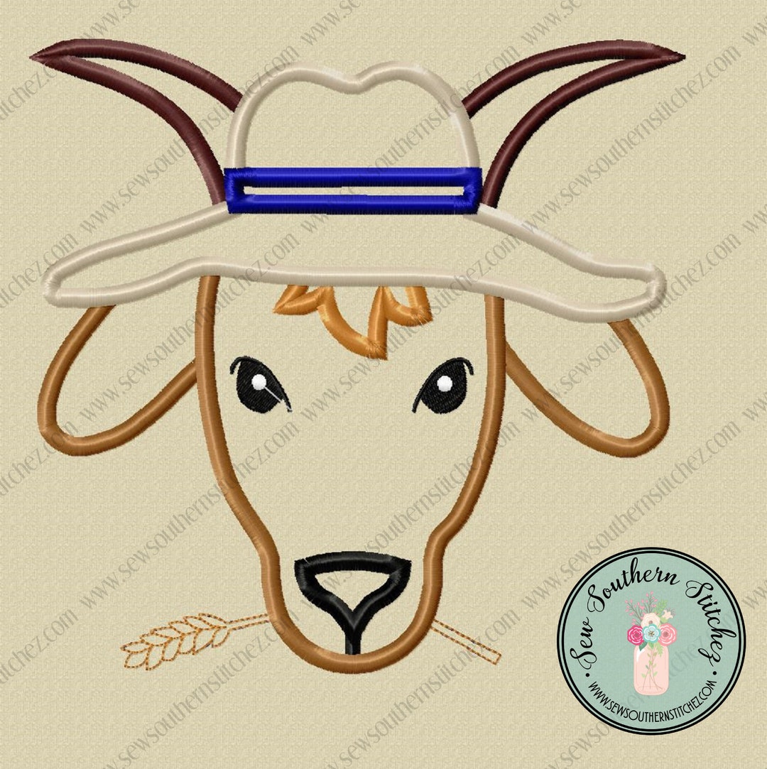 Goat Head Wearing Hat Applique Design ~ Funky Goat With Hat ~ Satin ...