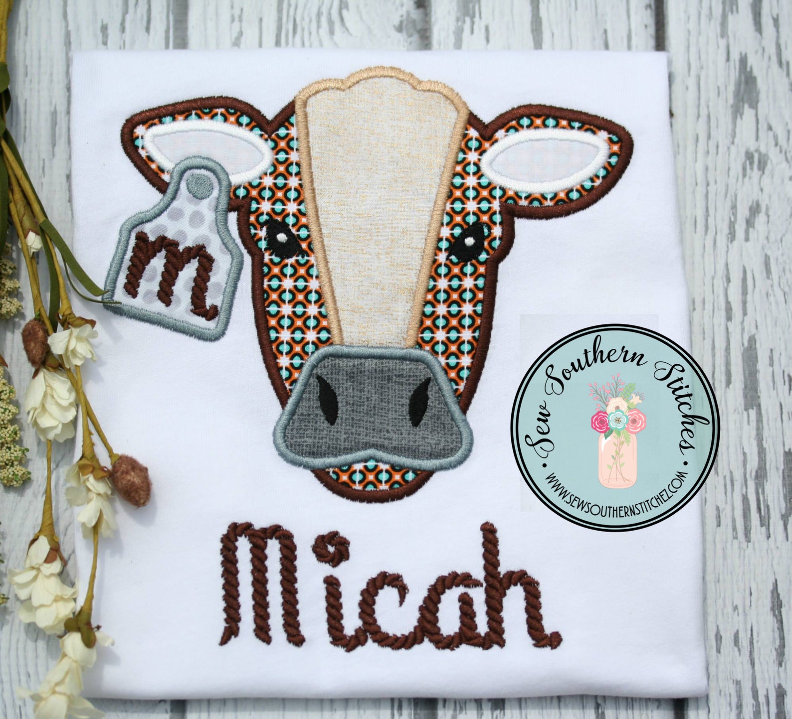 Cow Head Applique Design Tag on Ear for Number or Monogram Satin Finish ...