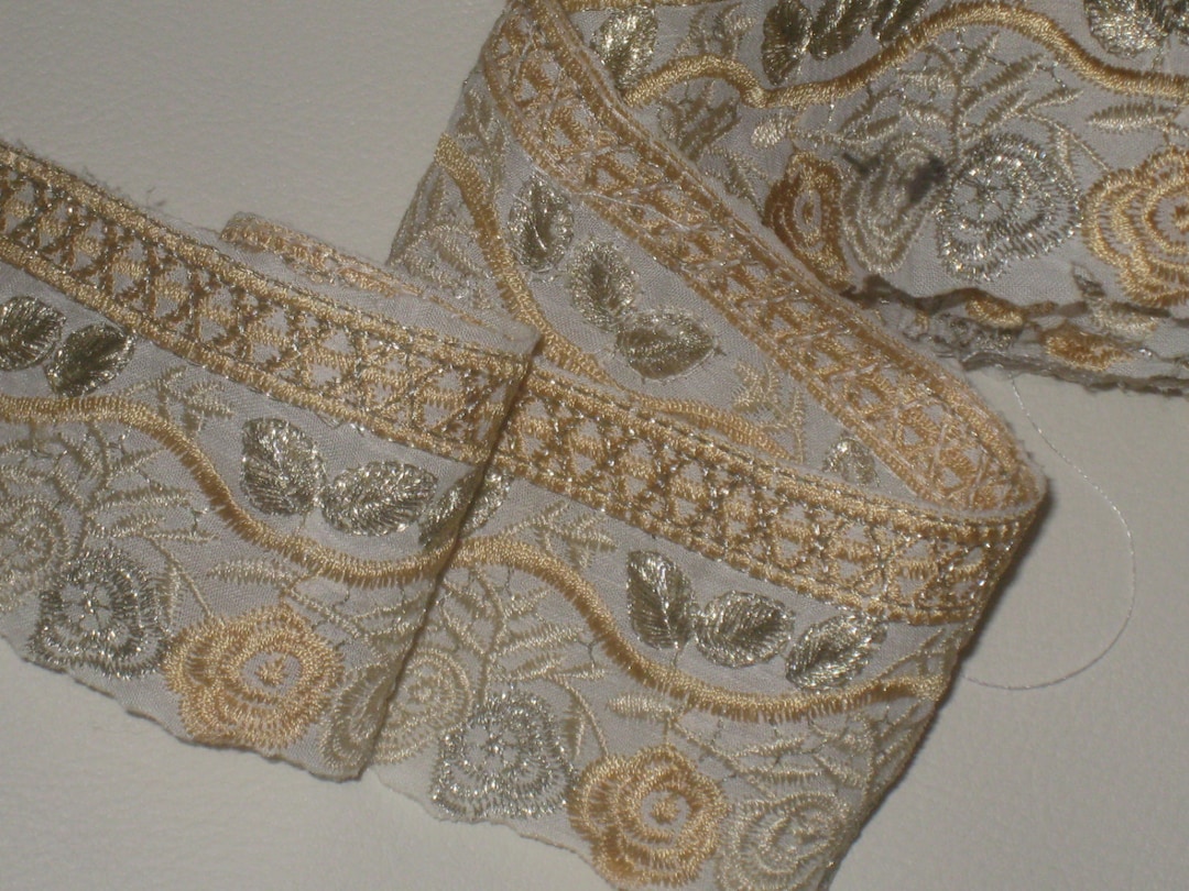 1 Yard 2 1/4" Width Ivory Color With Gold, Yellow, Ivory and Silver ...