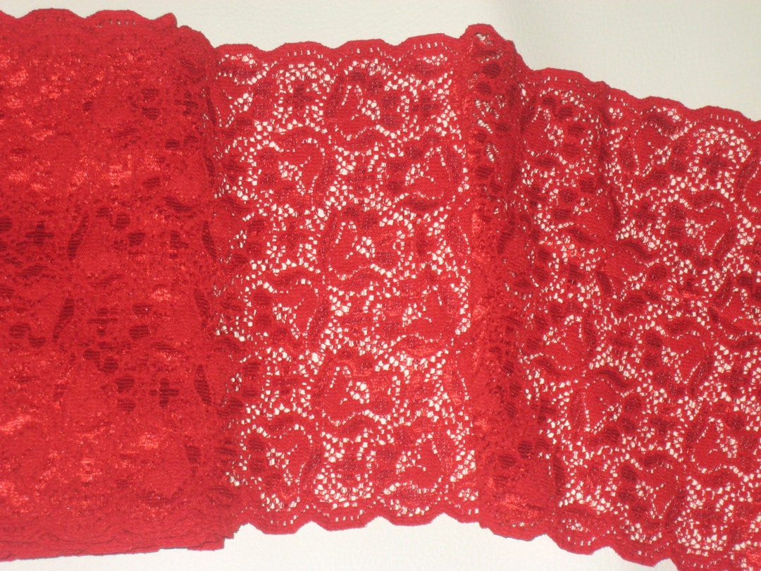 3 Yards 6" Width Shimmery Red Color With Floral Pattern Scroll Stretch ...