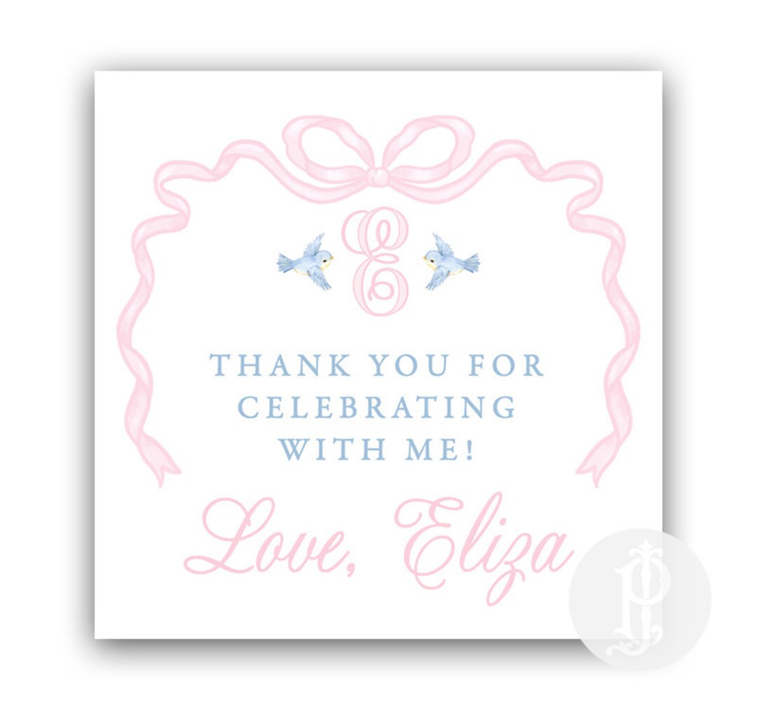 Personalized Pink Bow With Blue Birds / Party Favor Tag / Watercolor ...