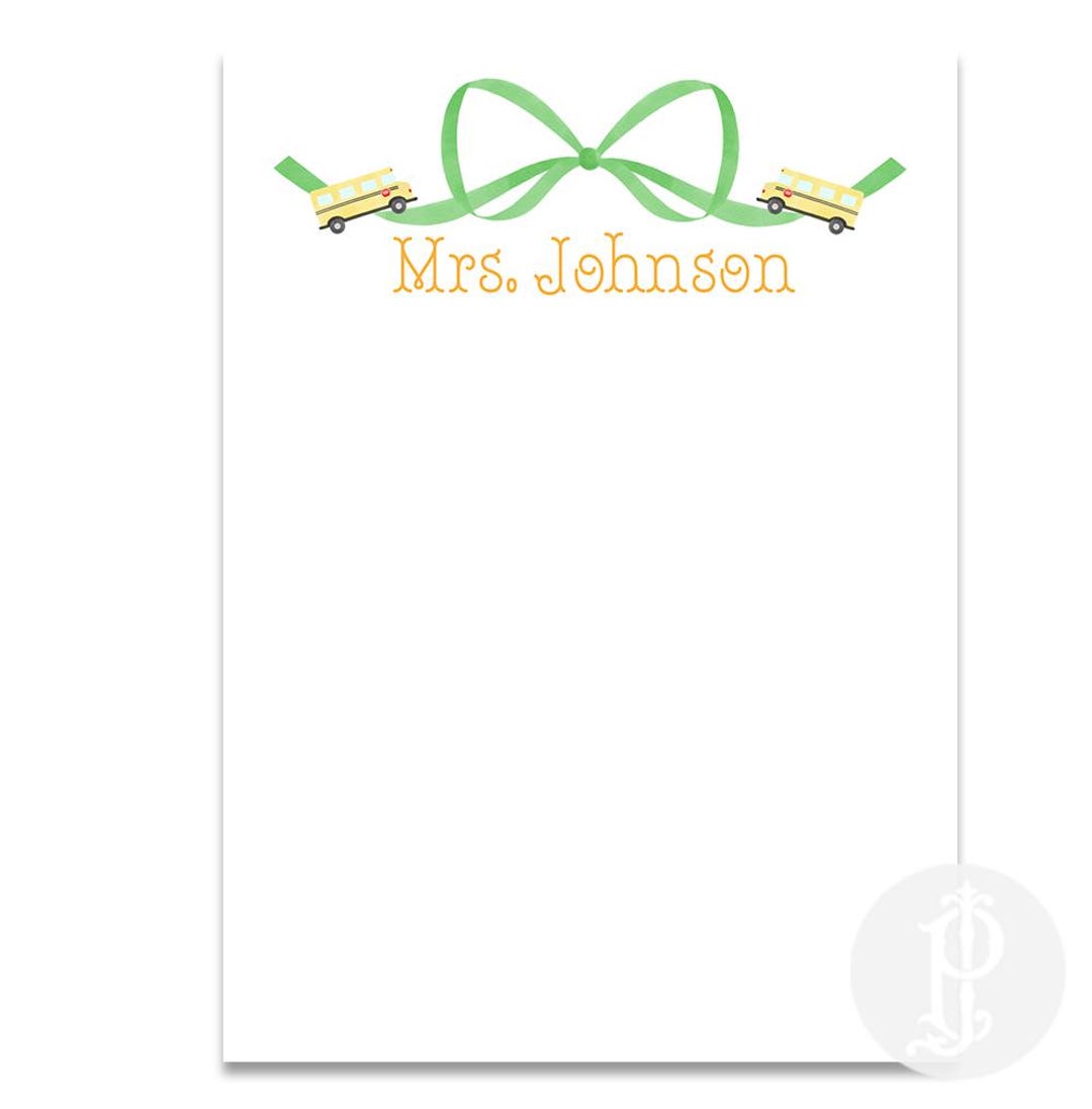 Personalized Teacher Green School Bus Bow Notepad - Etsy