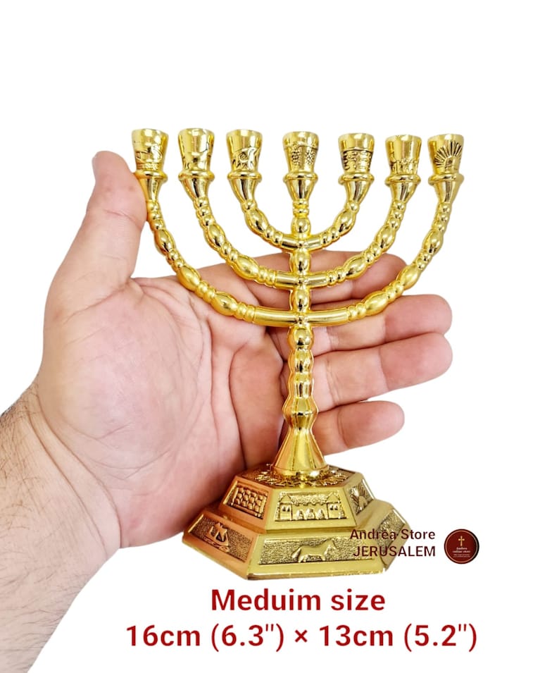 Gold Menorah 7 Branch Gold Metal Available in 3 Sizes From Holy Land ...