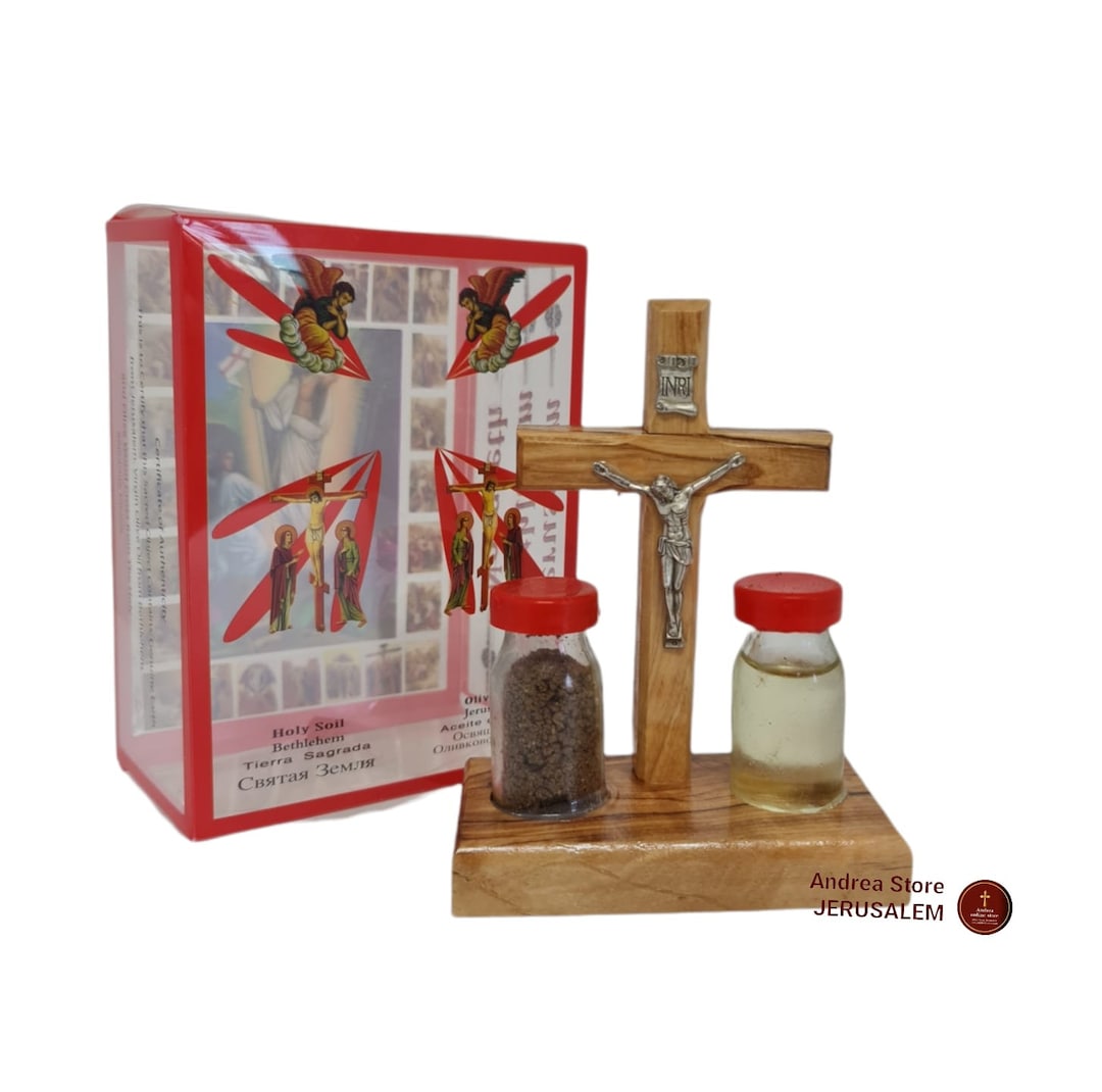 Holy Land Gift Olive Wood Cross With Holy Soil and Holy Oil in Nice Box ...