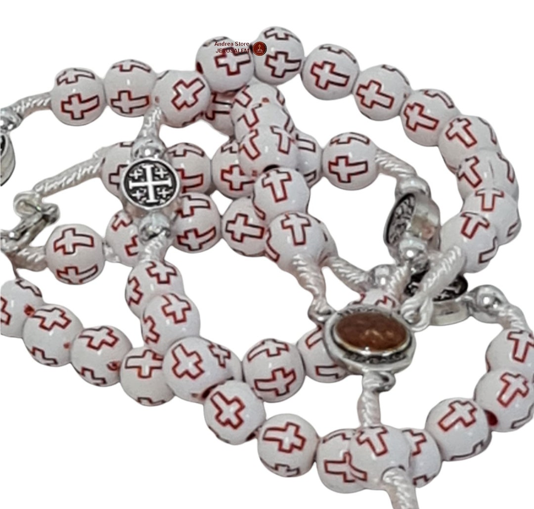 Rosary With Cross Beads With Jerusalem Soil and Metal Icons and Hook to ...