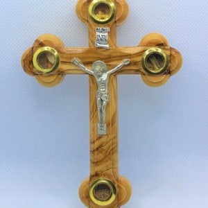 Olive Wood Cross With 4 Souvenirs Soil, Flower, Incense, Stones From ...