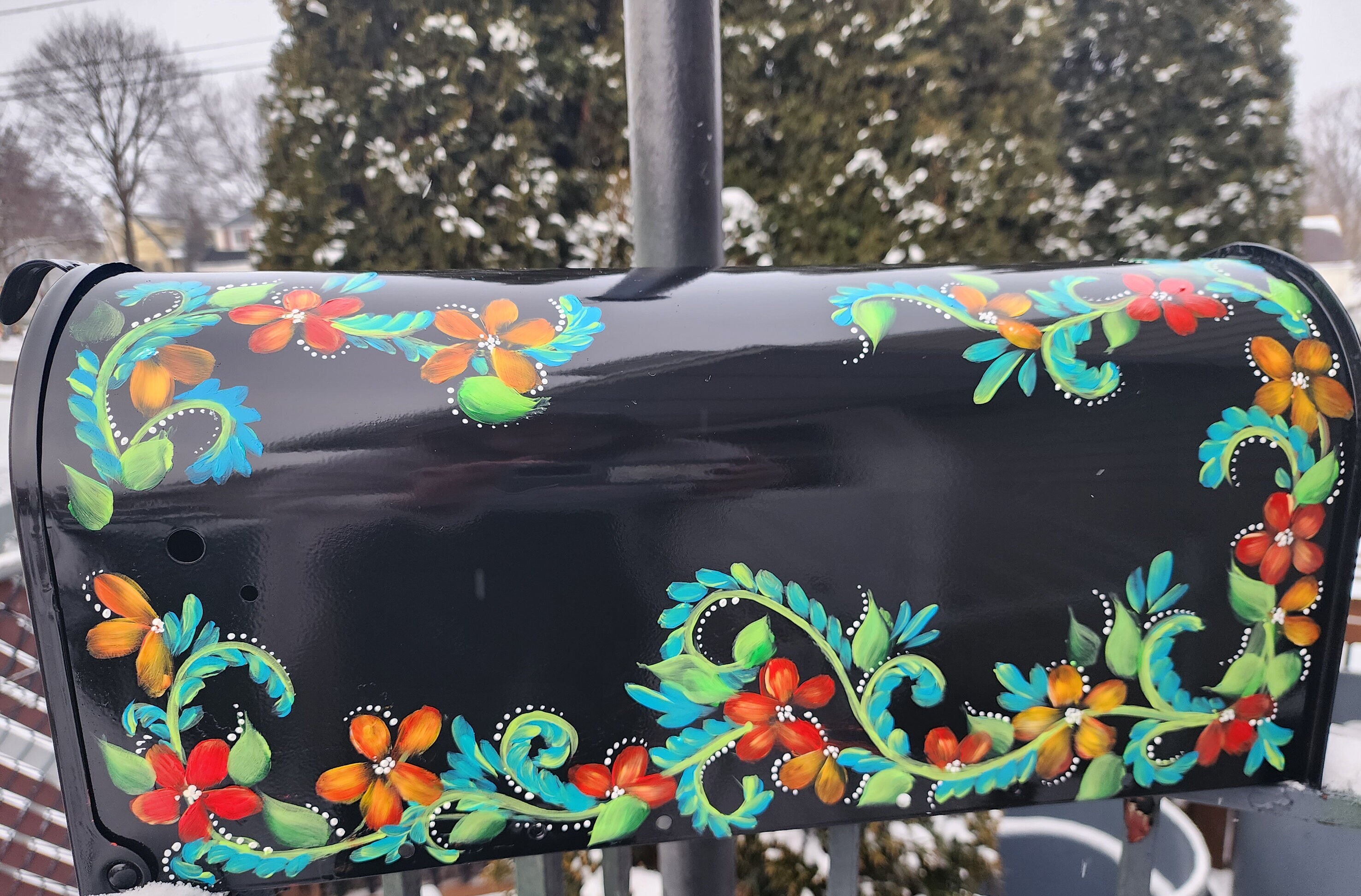 Hand-painted Mailbox Bright Orange/red and Yellow Flowers, W Blue and ...