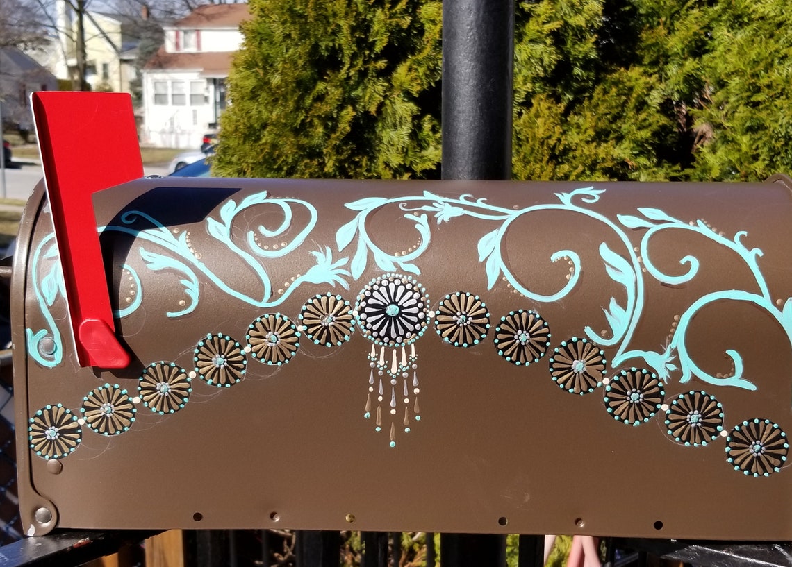 Hand Painted Mailbox Western Design Bronze Look With Painted Turquoise ...