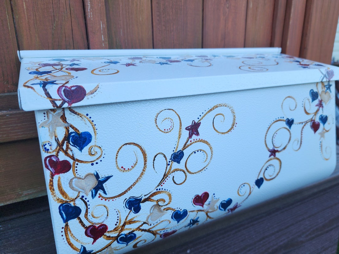 Custom Hand Painted Mailbox Red, White and Blue Stars and Hearts on ...