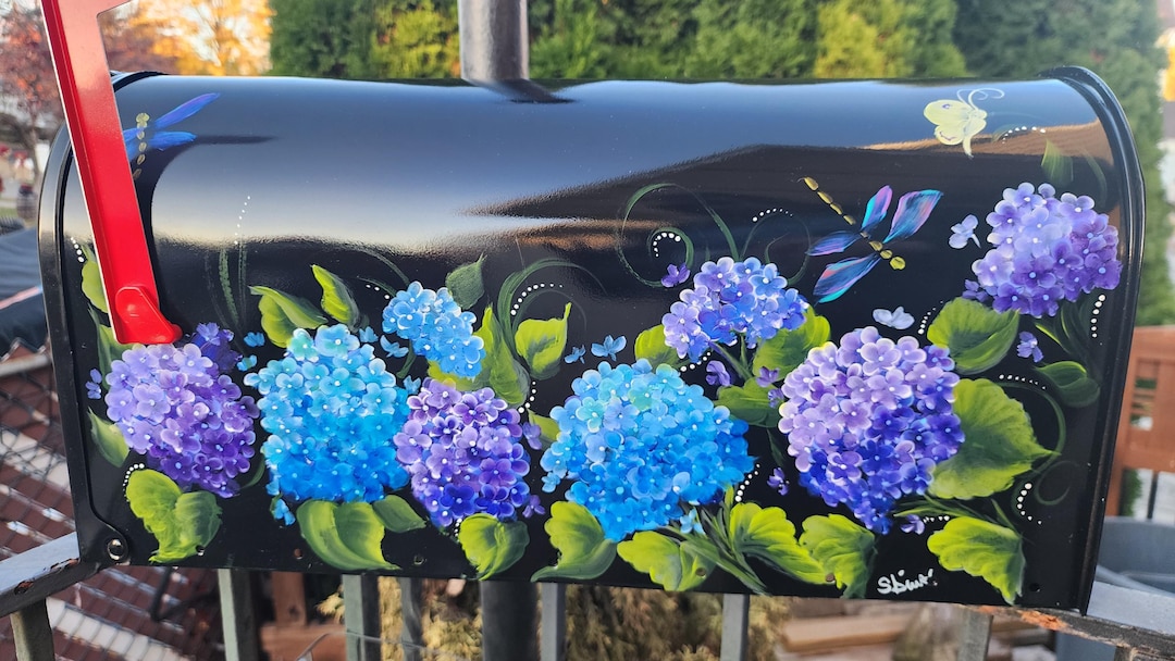 LARGE Custom Mailbox W Hand Painted Blue and Purple Hydrangea Custom ...