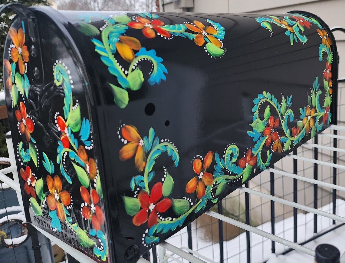 Hand-painted Mailbox Bright Orange/red and Yellow Flowers, W Blue and ...
