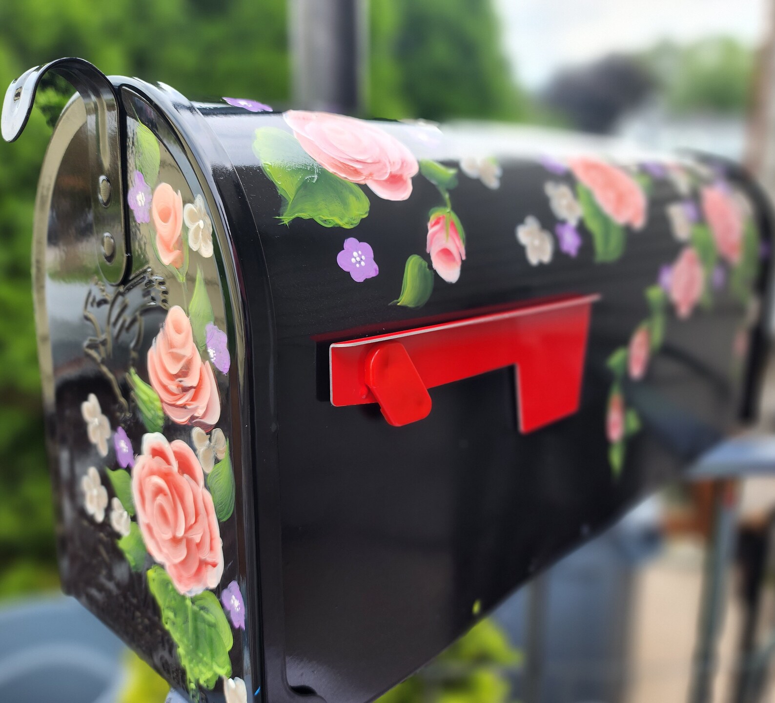 Hand Painted Mailbox Coral Peach Roses W Small White and Purple Flowers ...