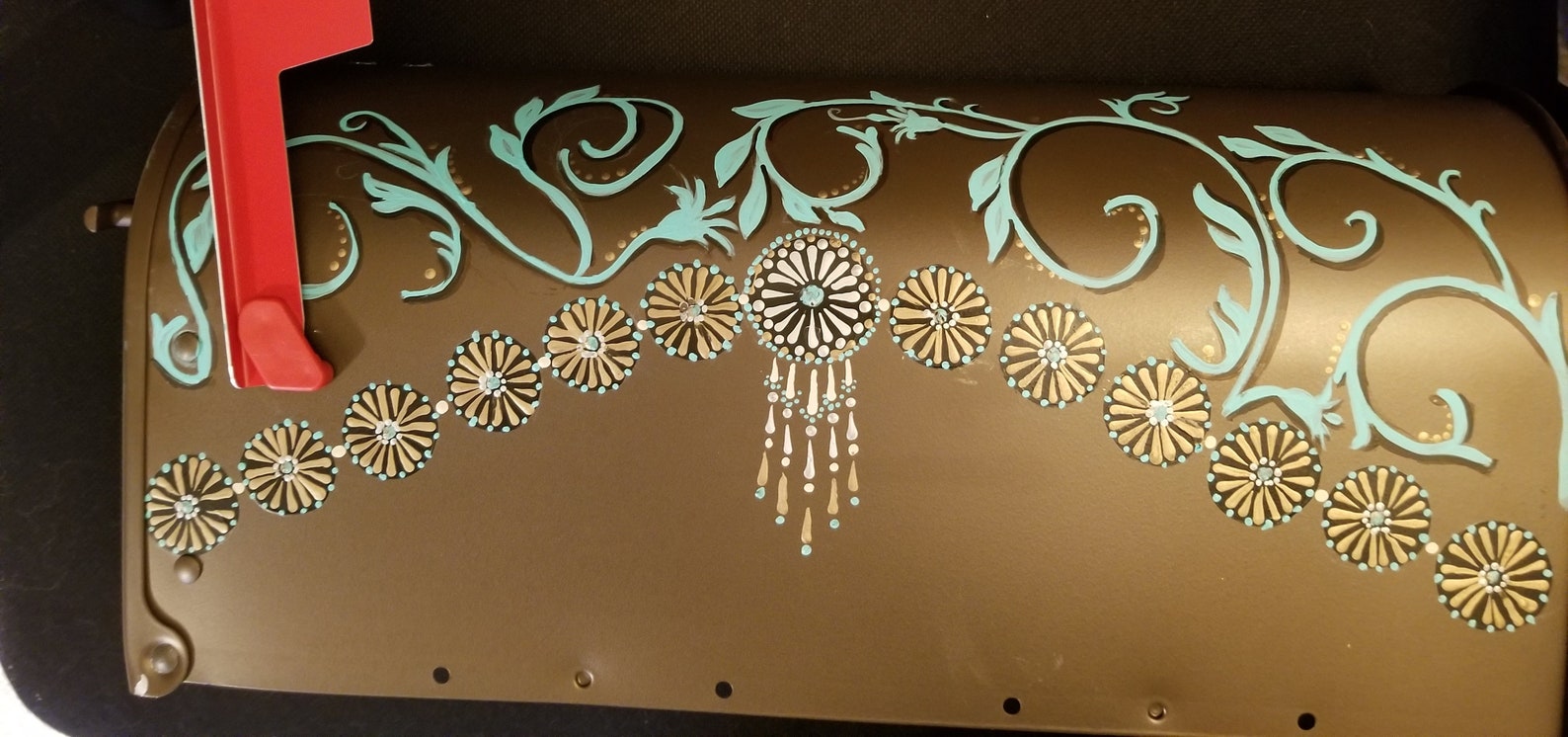 Hand Painted Mailbox Western Design Bronze Look With Painted Turquoise ...