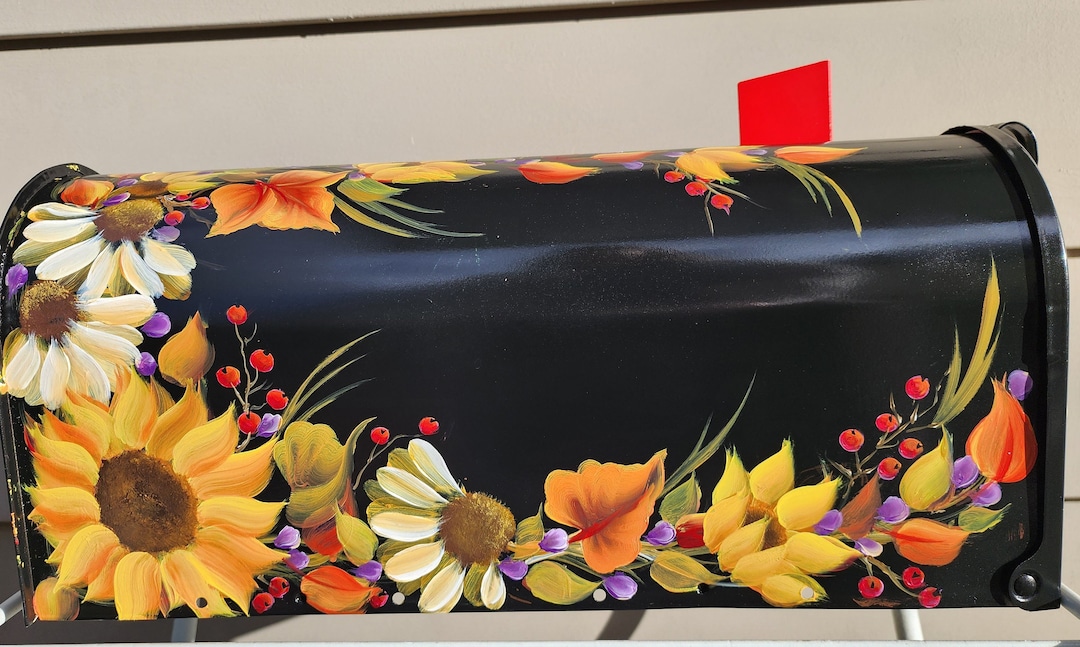 NEW Hand-painted Mailbox With Fall Foliage, Sunflowers, Berries, Cone ...