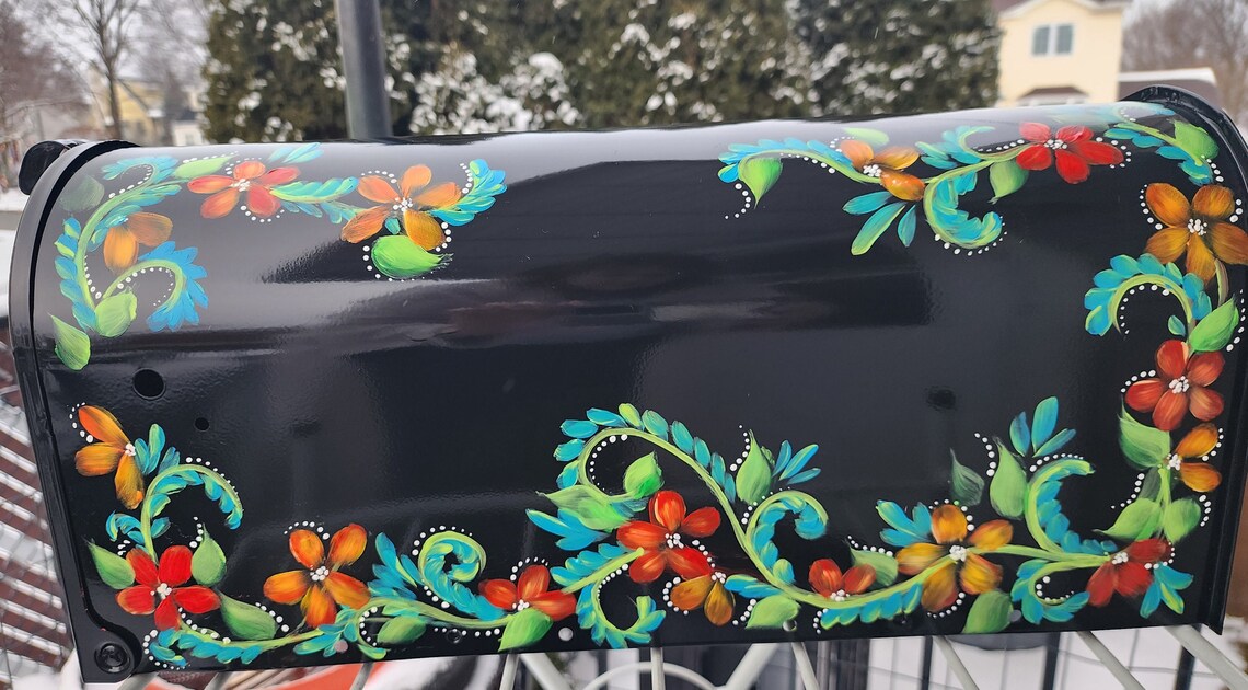 Hand-painted Mailbox Bright Orange/red and Yellow Flowers, W Blue and ...