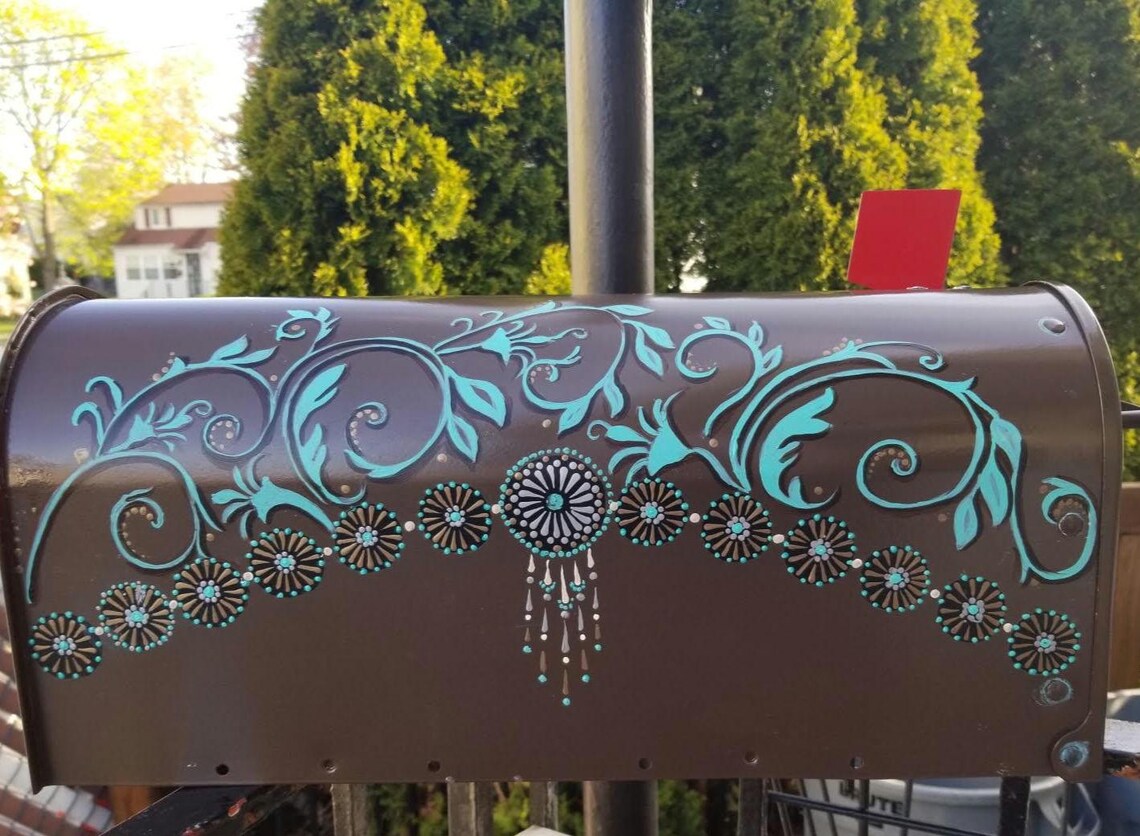 Hand Painted Mailbox Western Design Bronze Look With Painted Turquoise ...