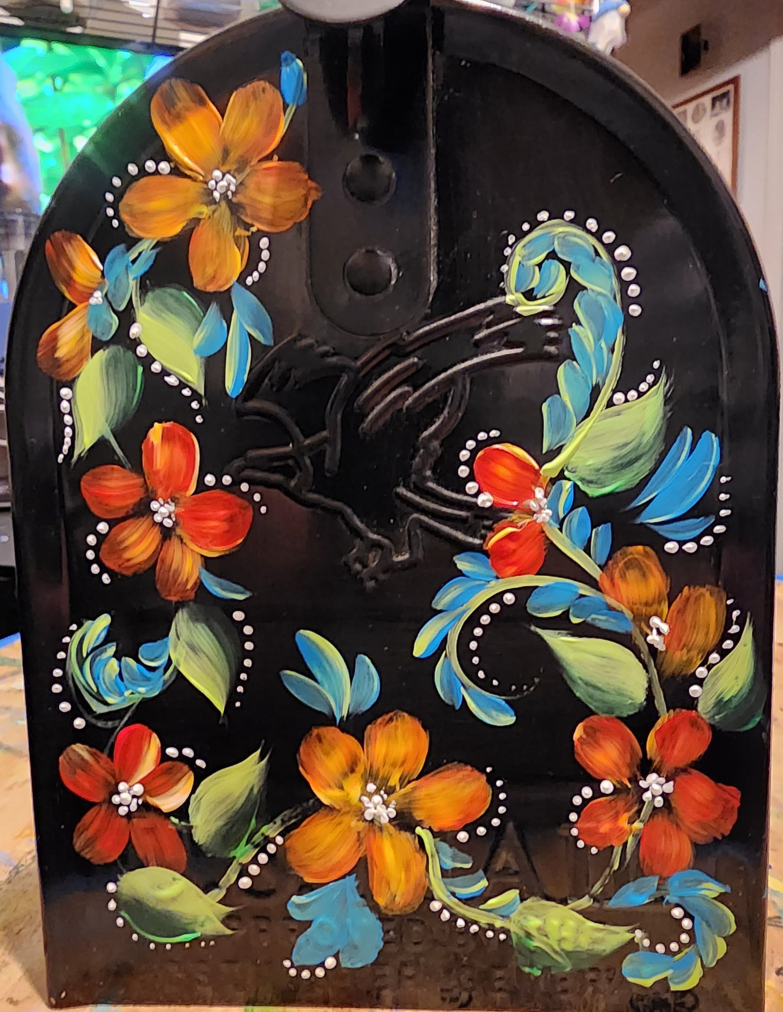 Hand-painted Mailbox Bright Orange/red and Yellow Flowers, W Blue and ...
