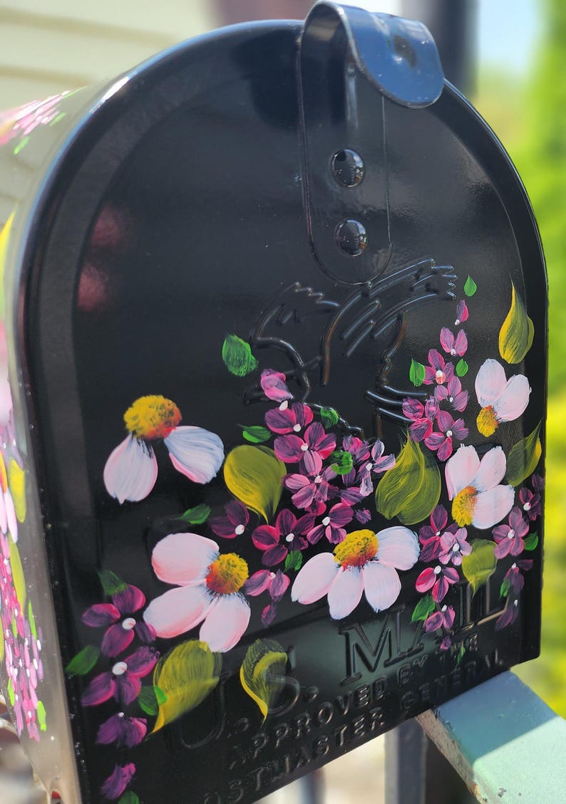 Hand Painted Mailbox: Black With Pink Daisies, Custom House Number or ...