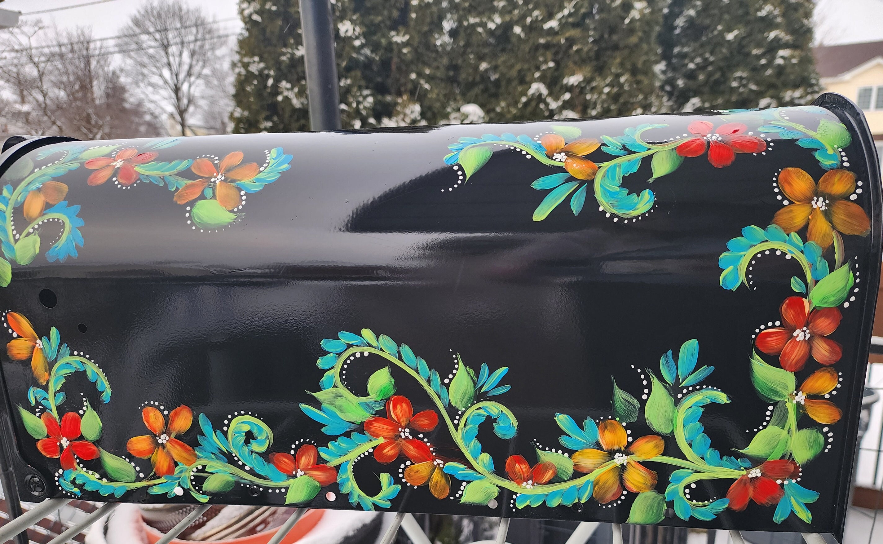 Hand-painted Mailbox Bright Orange/red and Yellow Flowers, W Blue and ...