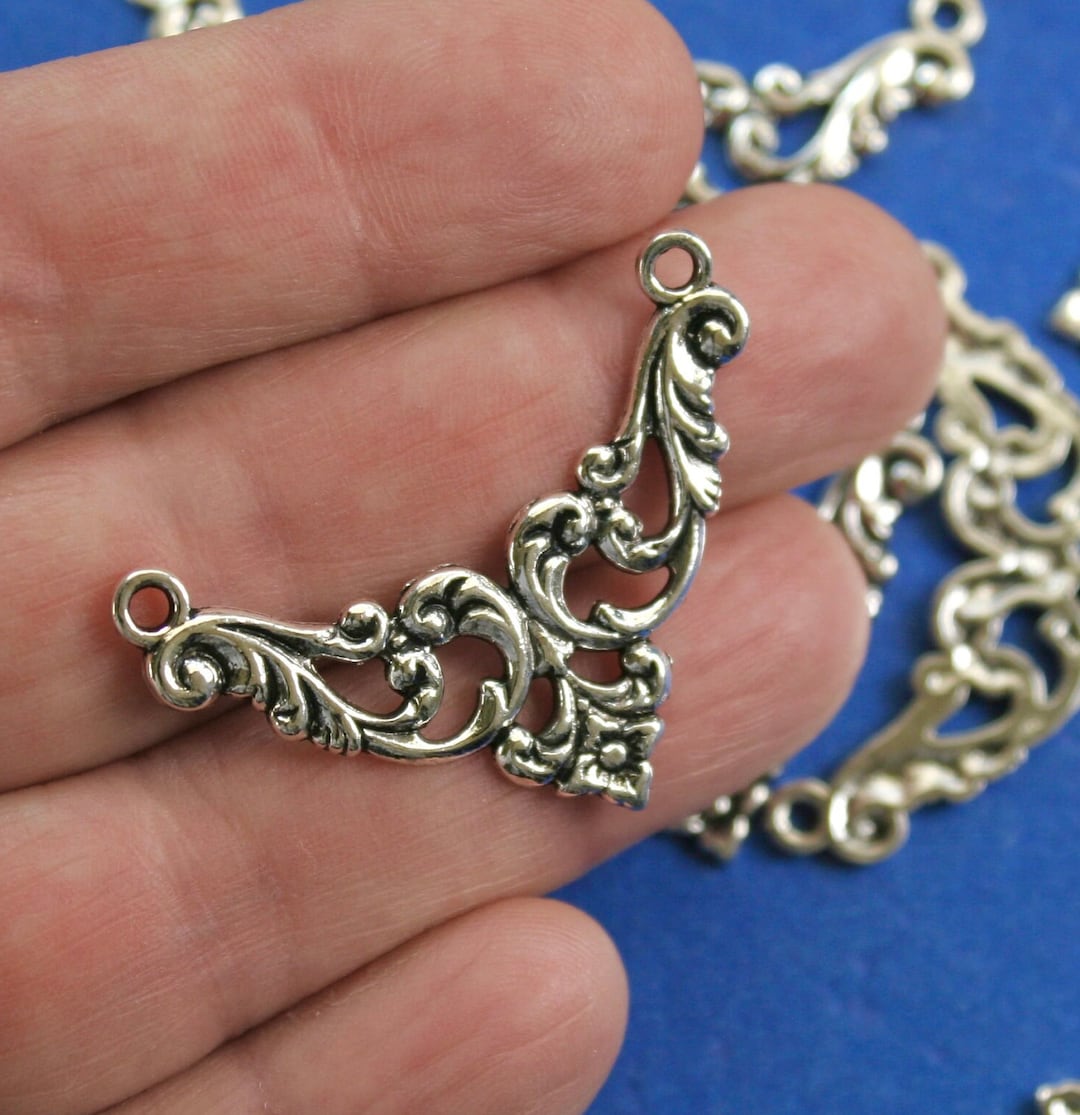 10 Pcs -antique Silver 2 Hole Connectors, Silver Tone Triangle Link, Filigree Floral Connector ...