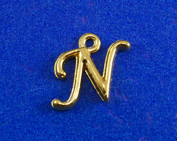 1 or 4 Pcs- Gold Script Initial N, Gold Plate Alphabet Charm N, Letter ...