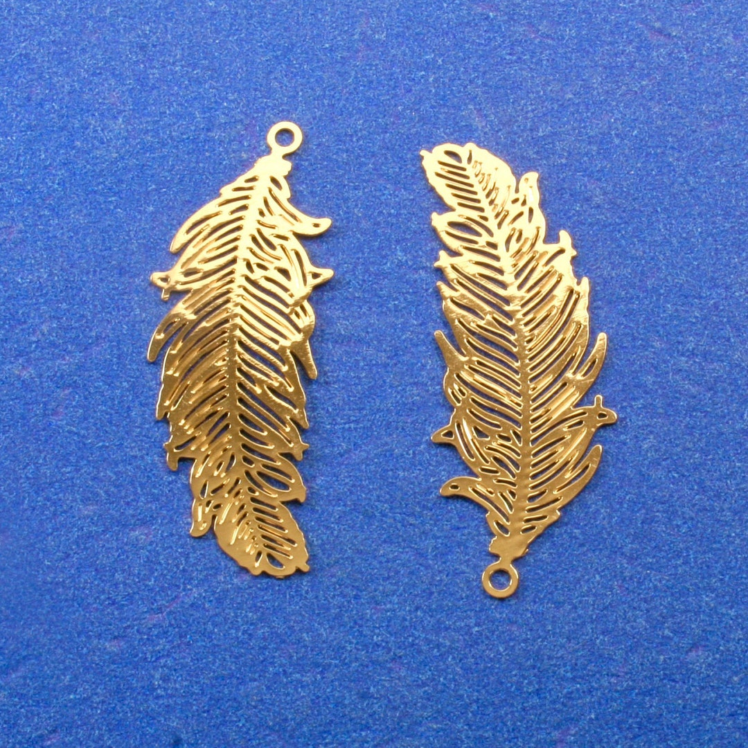 5 Pcs -gold Plated Feather Filigree Stamping, Golden Feather Pendant ...