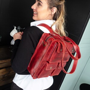Red Cute Backpack Women, Leather Backpack Tote for Work, Convertible ...