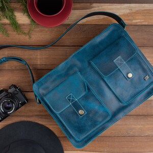 Deep Blue Leather Laptop Bag for Women, Handmade Teal Purse, Large ...