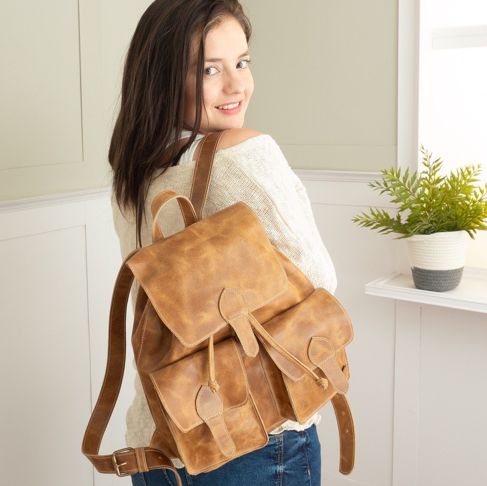 Women Backpack Purse for Work Green Leather School Backpack - Etsy