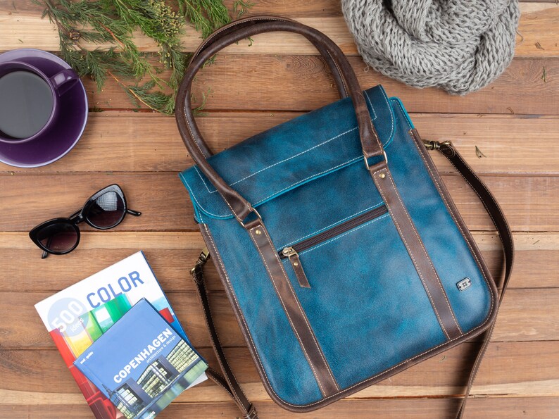 Leather Shoulder Bag Blue Leather Handbag for Women Laptop - Etsy