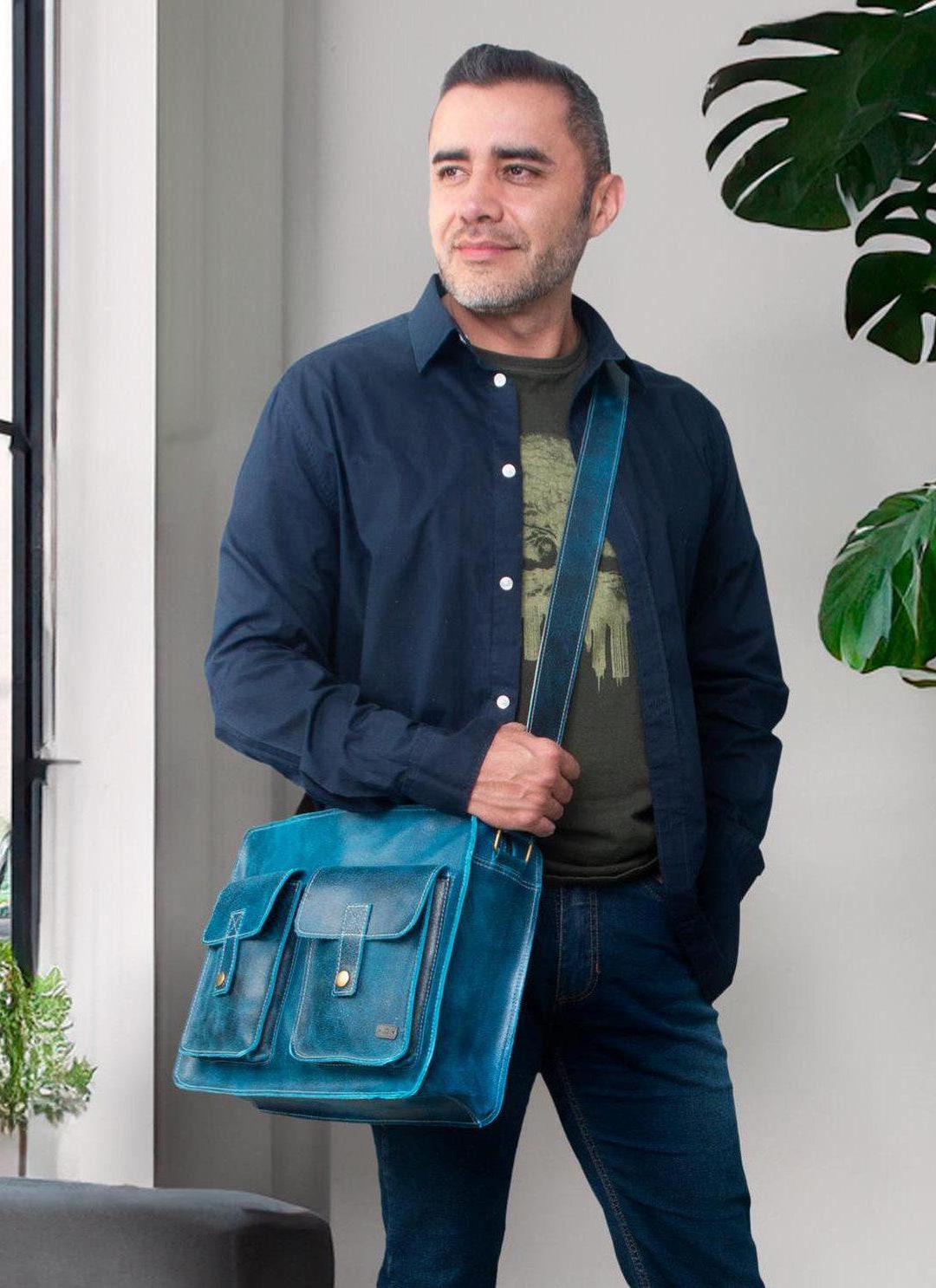 Leather Laptop Bag for Men, Blue Leather Messenger Bag Men, Men's Work ...