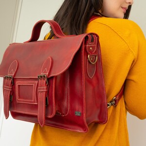 Red Leather Satchel for Laptop, Vintage Briefcase Convertible Backpack ...