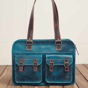 Blue leather tote bag for women shoulder bag with pockets for | Etsy