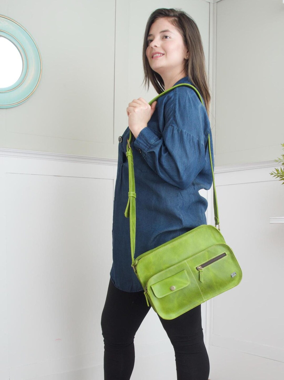 Green Messenger Bag Lime Green Leather Handbag Small Crossbody Bag ...