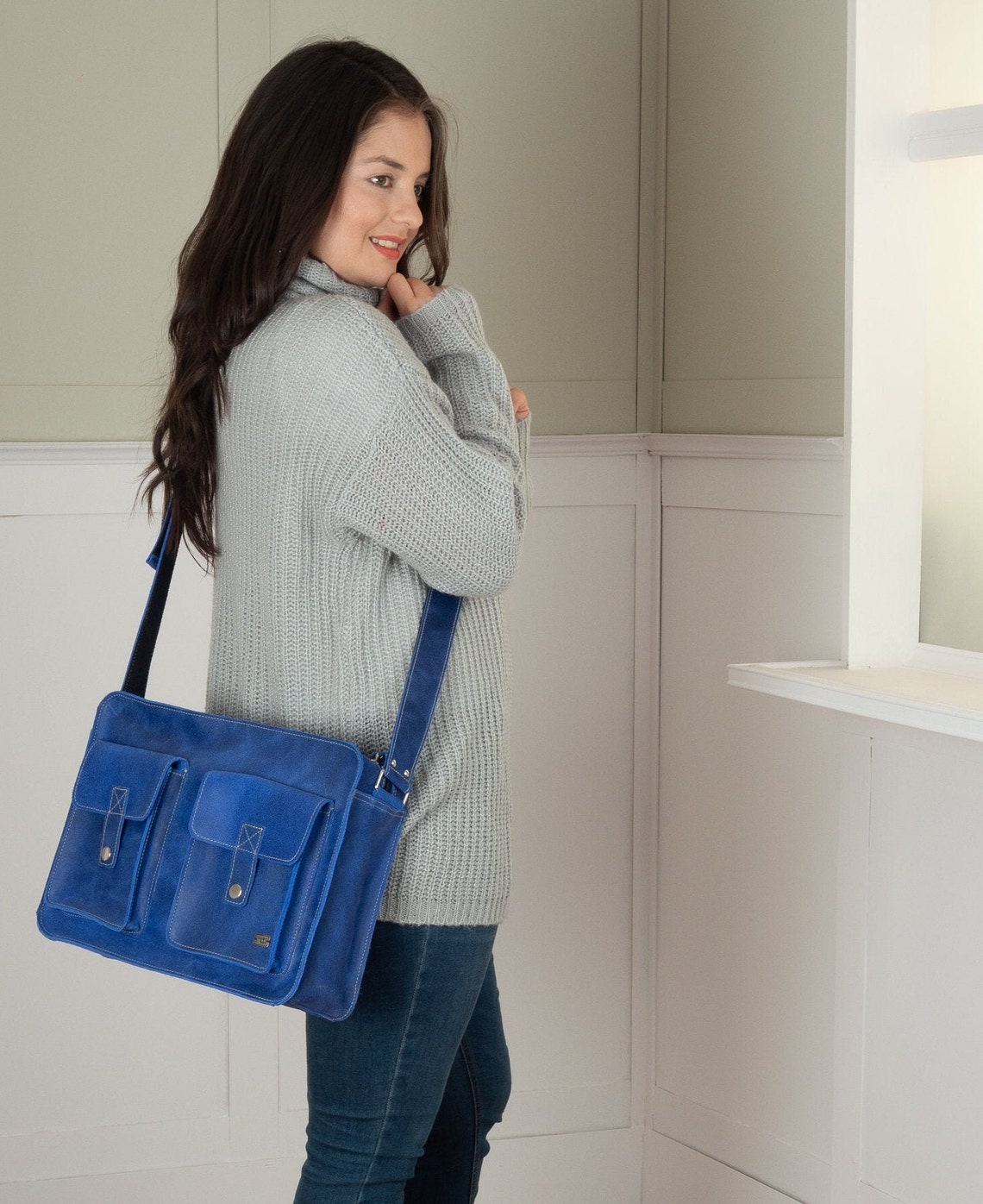 Blue Leather Laptop Bag Messenger Bag Women Blue Leather - Etsy