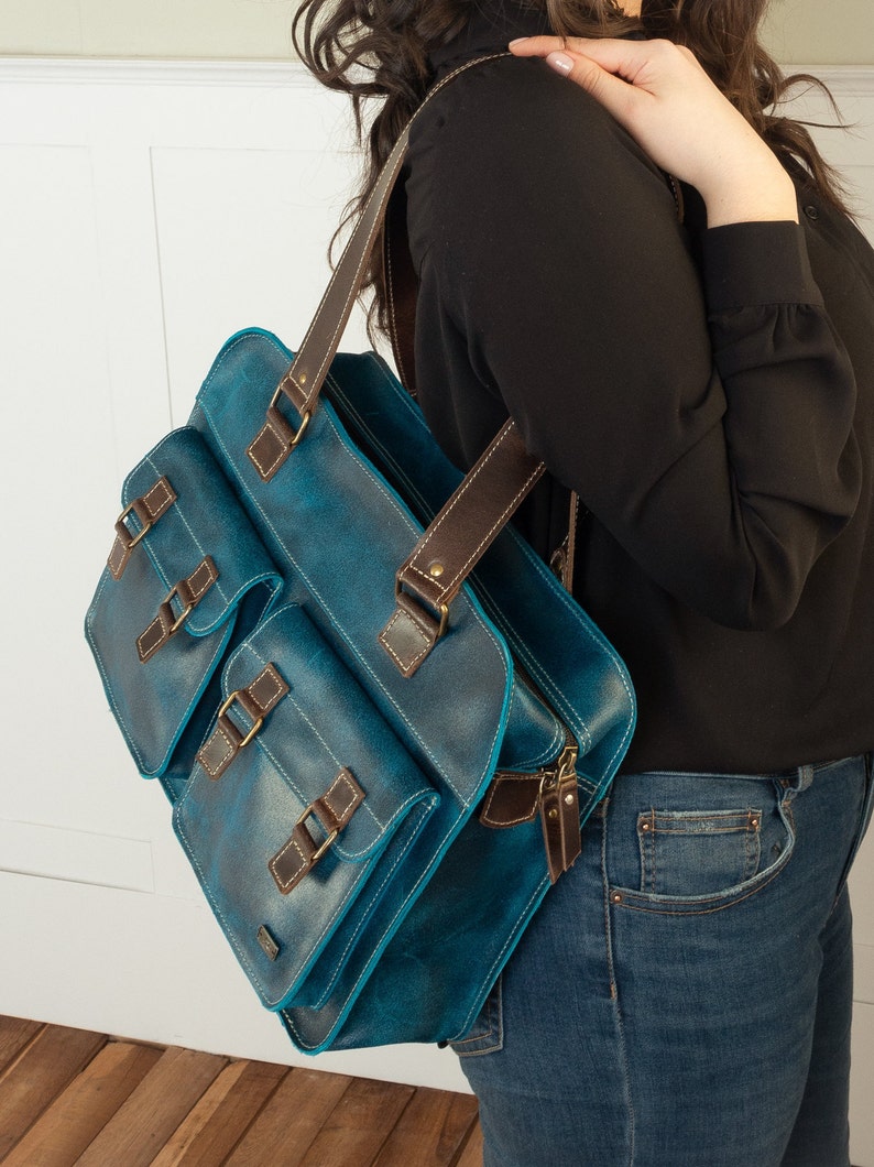 Blue Leather Tote Bag for Women Shoulder Bag With Pockets for - Etsy