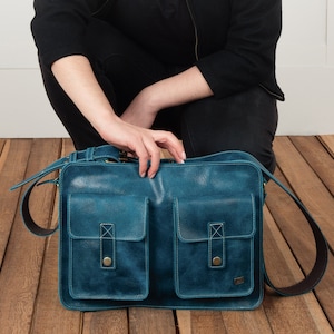 Deep Blue Leather Laptop Bag for Women, Handmade Teal Purse, Large ...