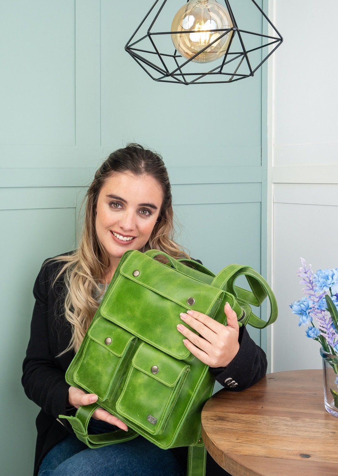 Green Convertible Backpack Women, Leather Backpack Purse, Retro School ...