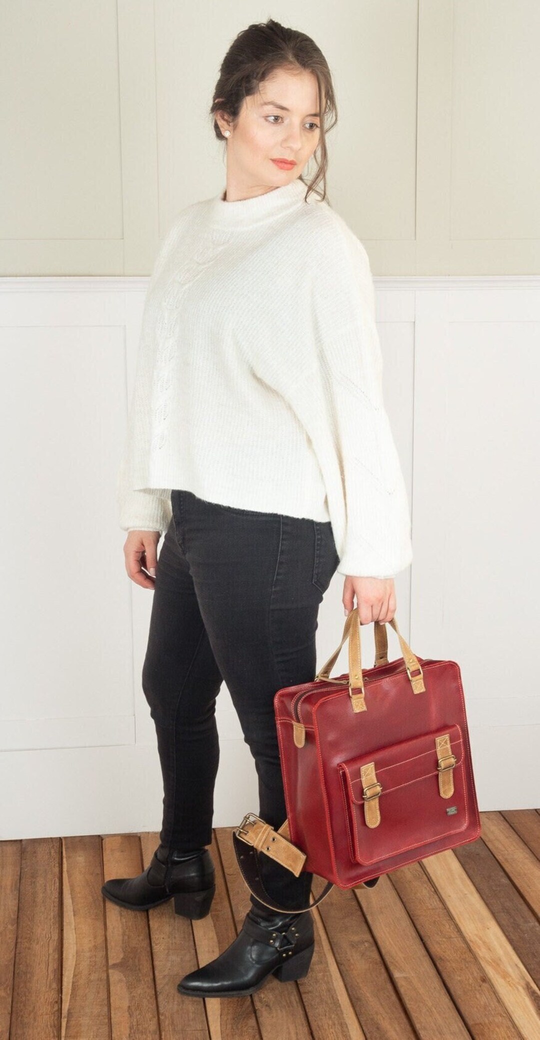 Retro Red Leather Backpack, Large Vintage Handbag for Women, Laptop ...